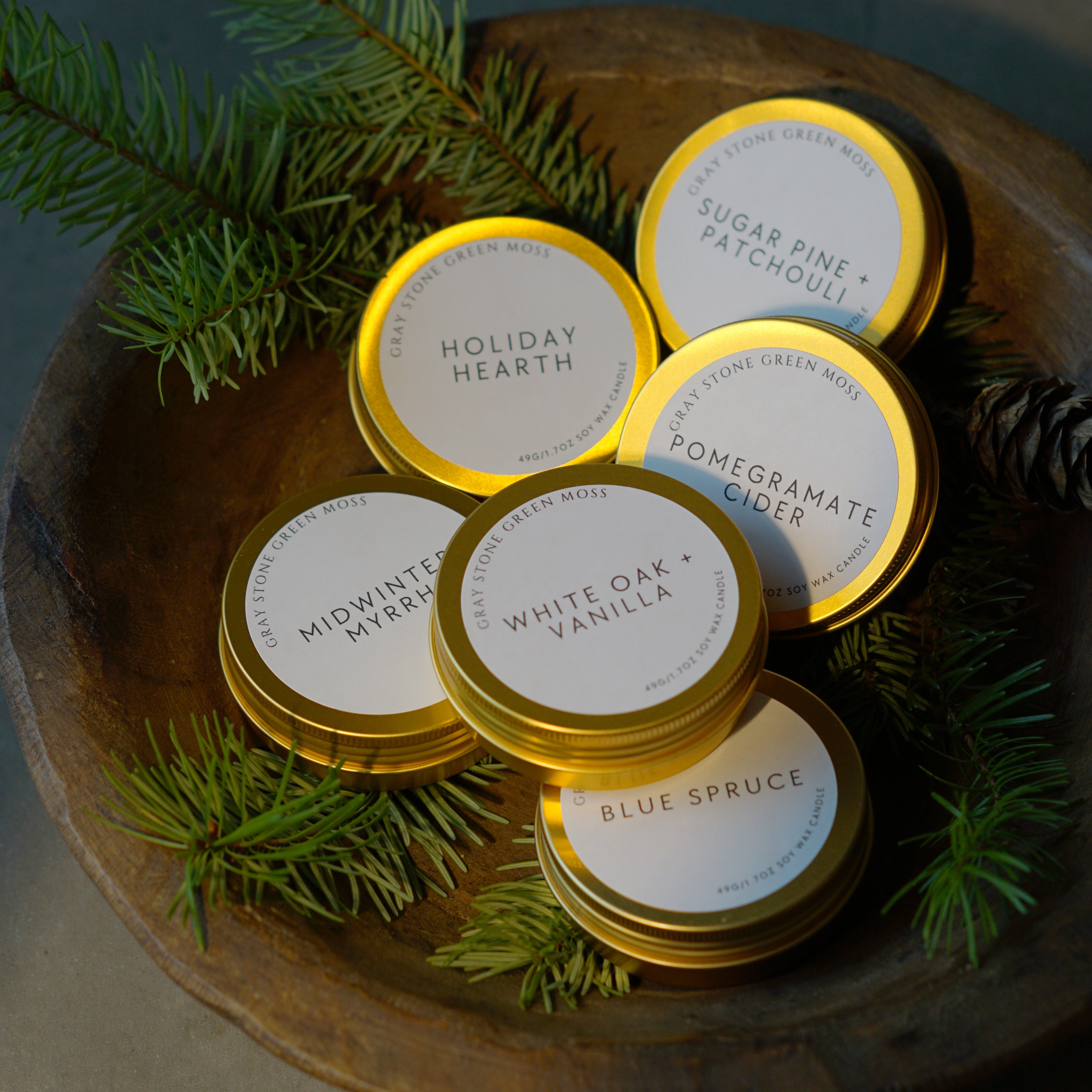 Winter Collection Hand Poured Soy Candle Flight – Gray Stone Green Moss